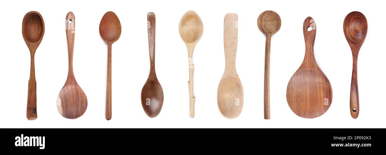 Wooden spoons on white background, collage. Cooking utensil Stock Photo ...