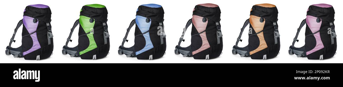 Different hiking backpacks on white background, collage. Banner design ...