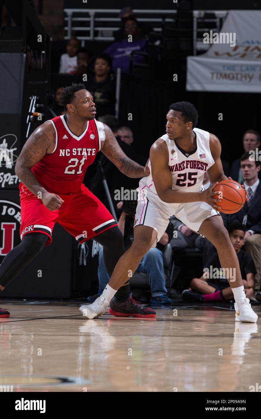 Sam Japhet-Mathias (25) of the Wake Forest Demon Deacons works down low ...