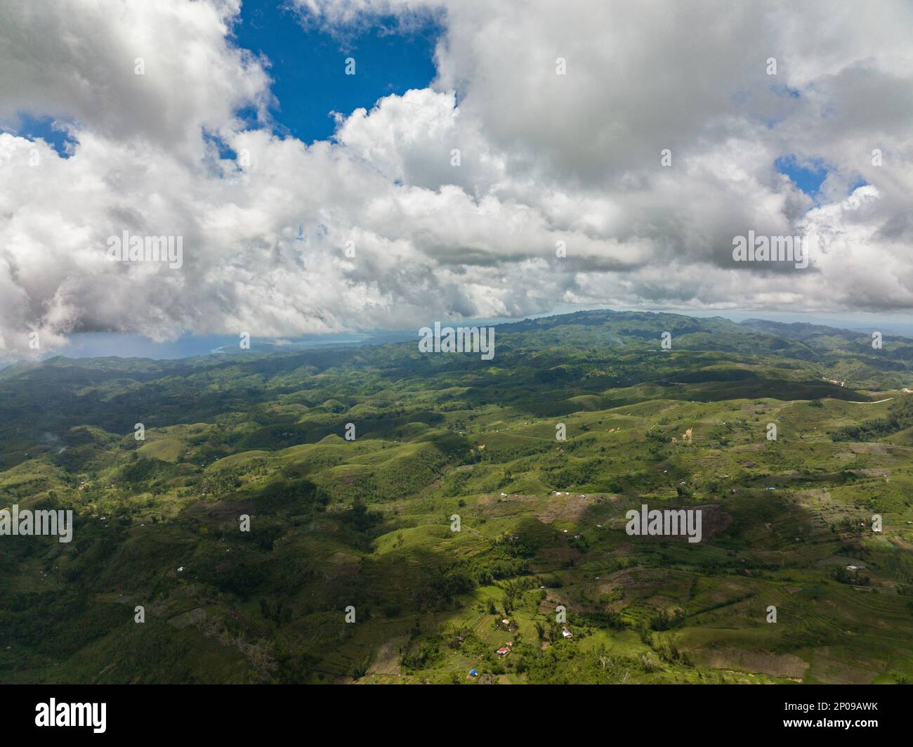 Aerial view of countryside with agricultural land in the mountains ...