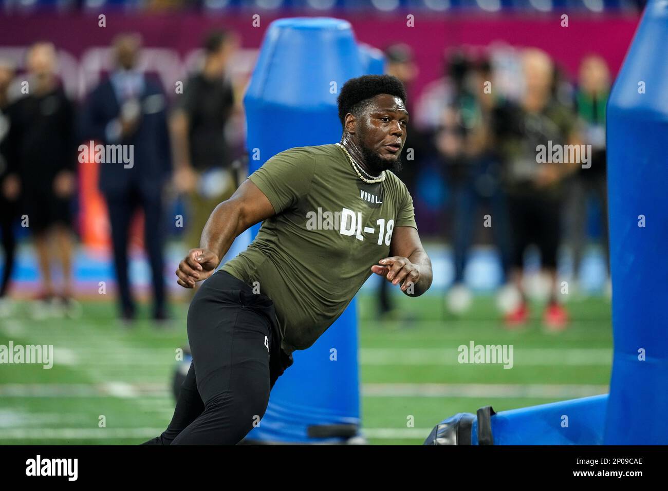 Alabama defensive lineman Byron Young runs a drill at the NFL football ...