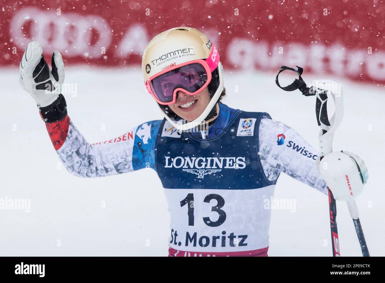 Michelle Gisin of Switzerland reacts in the finish area during the ...