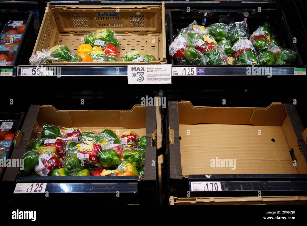 Manchester, Britain. 2nd Mar, 2023. Depleted vegetable shelves are seen ...