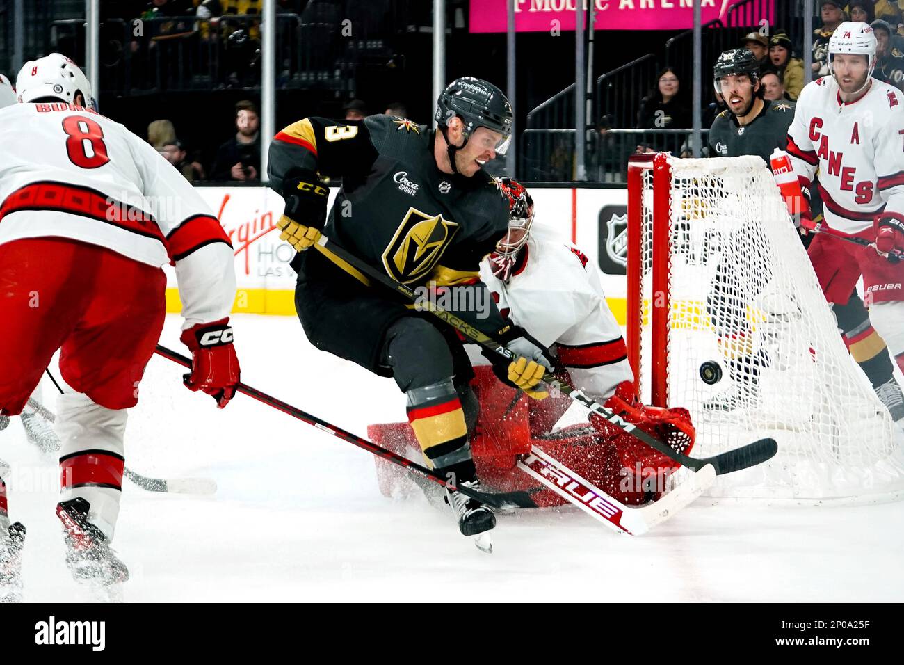 Vegas Golden Knights defenseman Brayden McNabb (3) attempts to score a ...