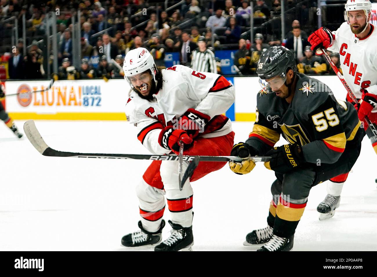 Vegas Golden Knights right wing Keegan Kolesar (55) lifts the stick of ...