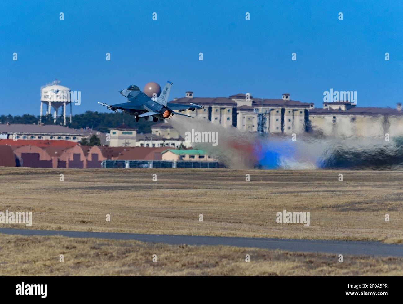 An F-16 Fighting Falcon assigned to the 35th Fighter Squadron takes-off ...