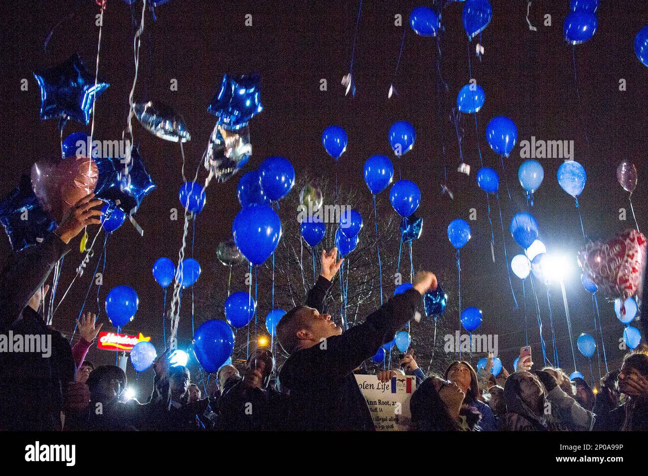 Balloons are released Tuesday, Jan. 31, 2017, in memory of Sarah Root ...