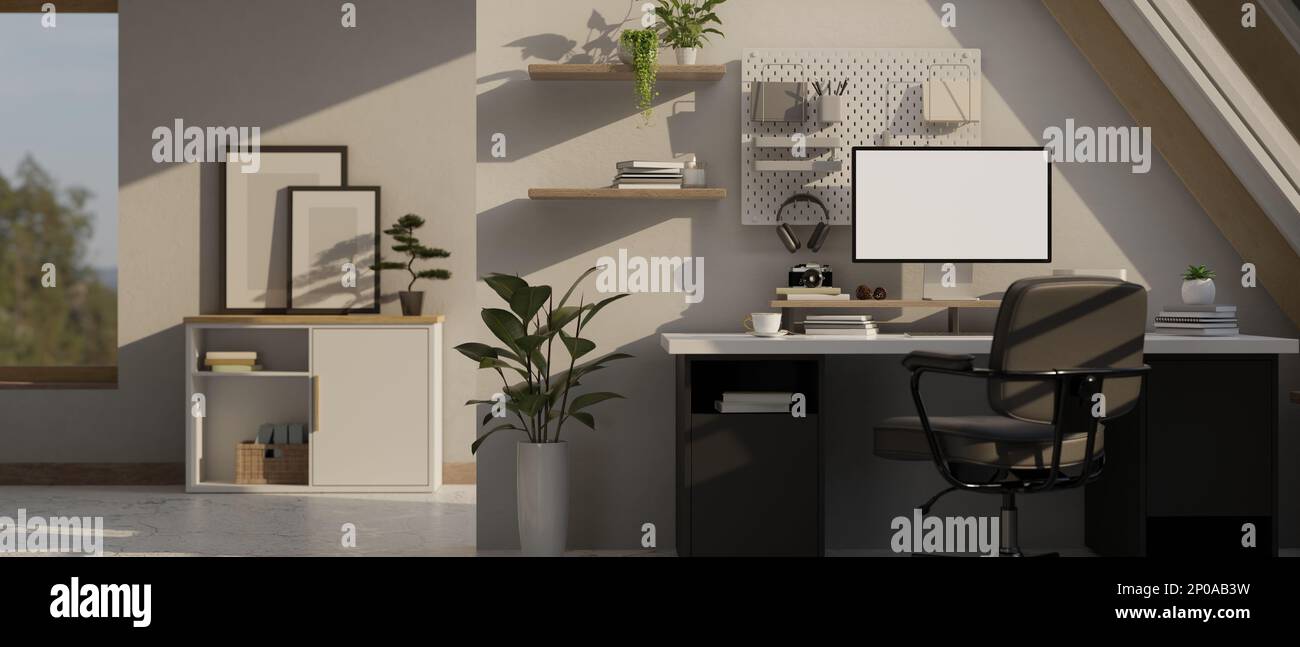 Modern Contemporary Home Workspace With Pc Desktop Computer Mockup And Accessories On Table
