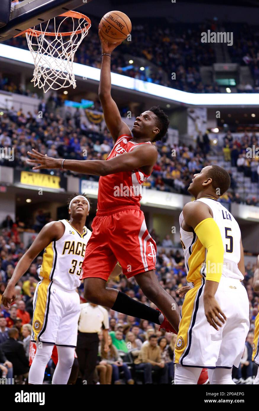 Houston Rockets center Clint Capela, center, scores against Indiana ...