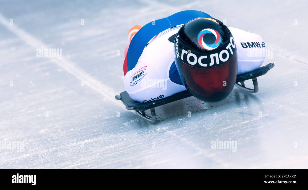 Russian skeleton racer Aleksandr Tretiakov speeds down the course ...