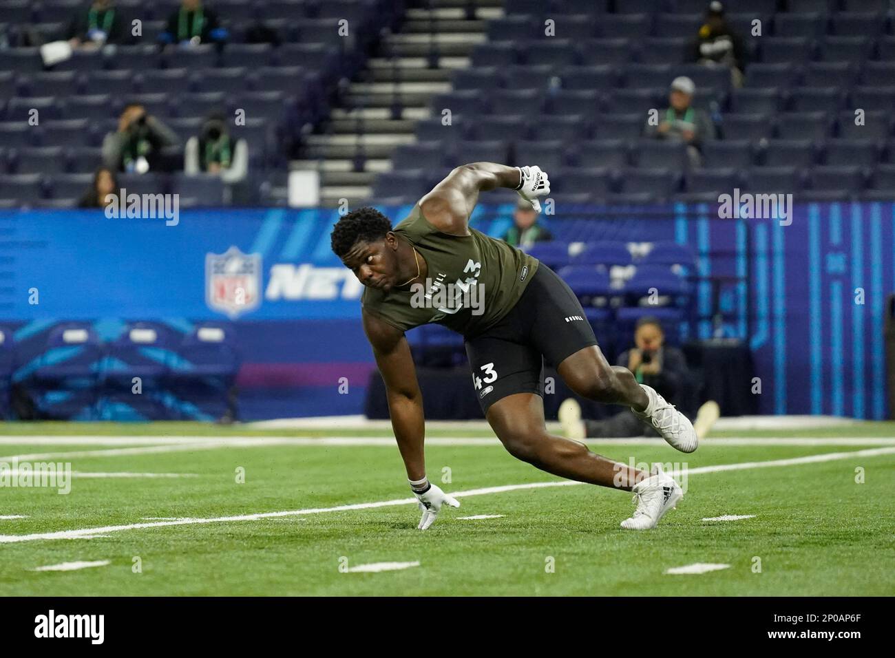 Eastern Michigan defensive lineman Jose Ramirez runs a drill at the NFL ...