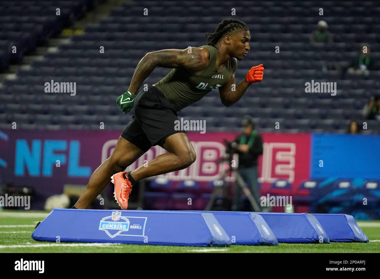 Florida A&M defensive lineman Isaiah Land runs a drill at the NFL ...