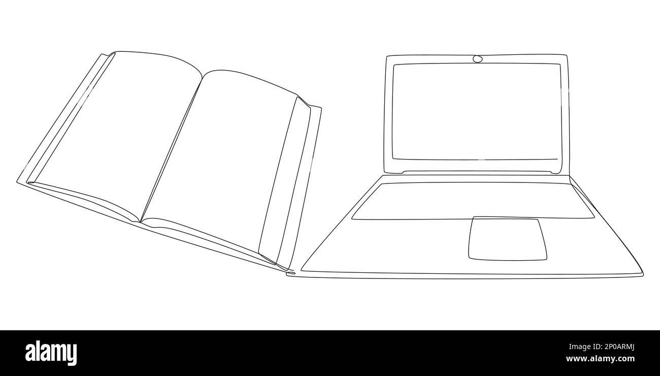One Continuous Line Of Laptop And Book Thin Line Illustration Vector Concept Contour Drawing