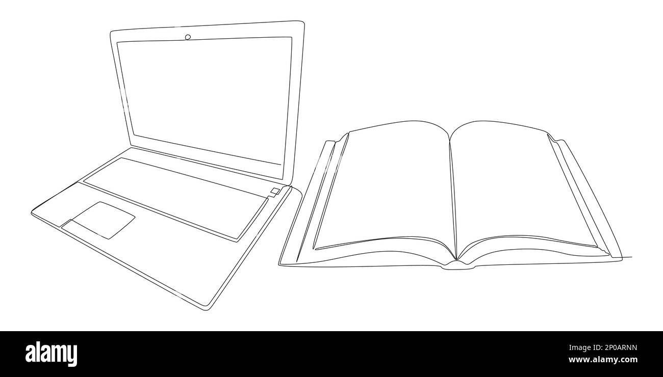 One continuous line of Laptop and book. Thin Line Illustration vector ...