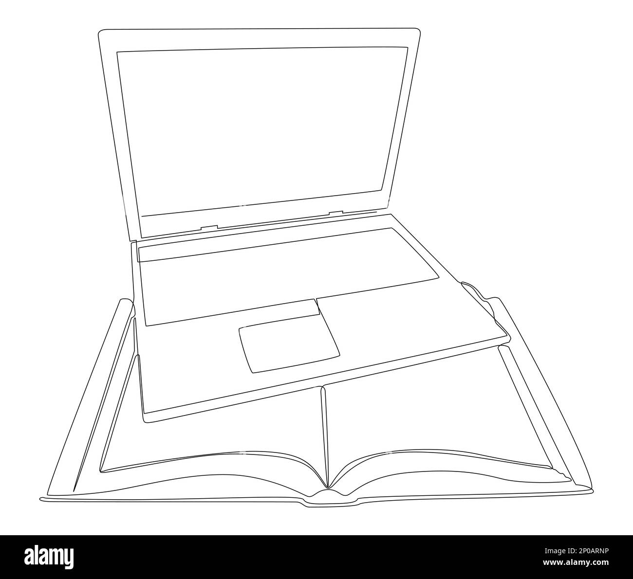 One Continuous Line Of Laptop And Book Thin Line Illustration Vector Concept Contour Drawing