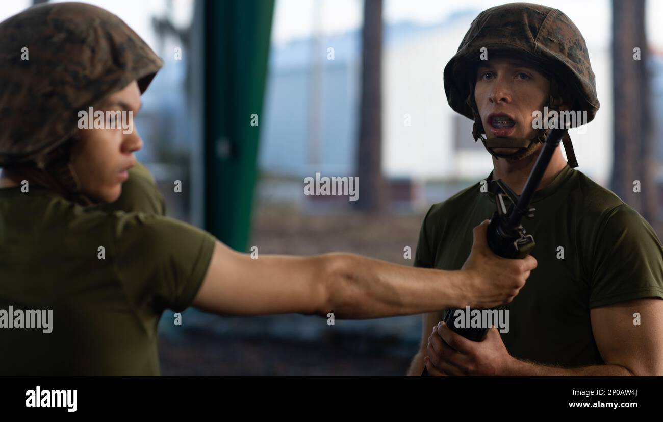 Recruits with Lima Company, 3rd Recruit Training Battalion, practice techniques from the Marine ...