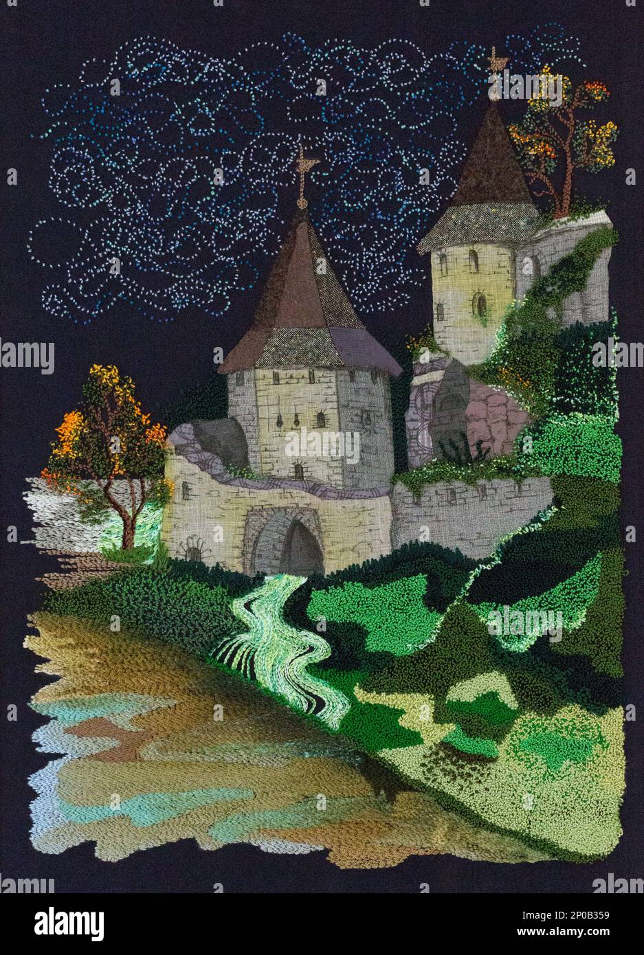 painted old castle on the fabric Stock Photo - Alamy