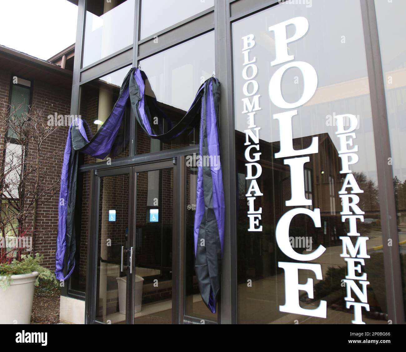 Purple and black bunting hangs outside of the Bloomingdale, IL police ...