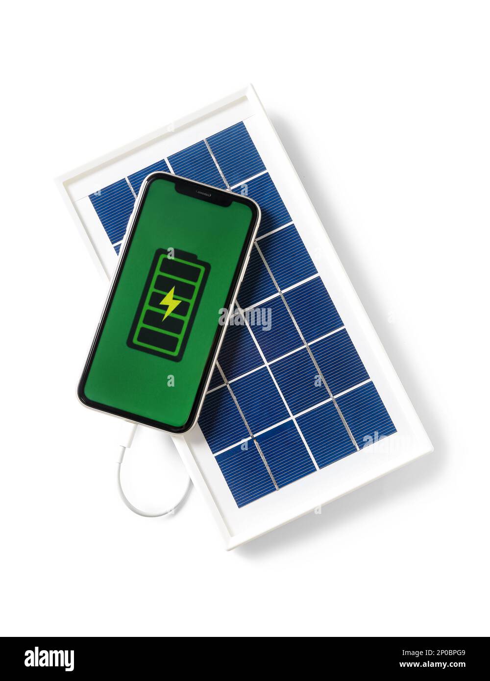 Portable solar panel with charged mobile phone on white background ...