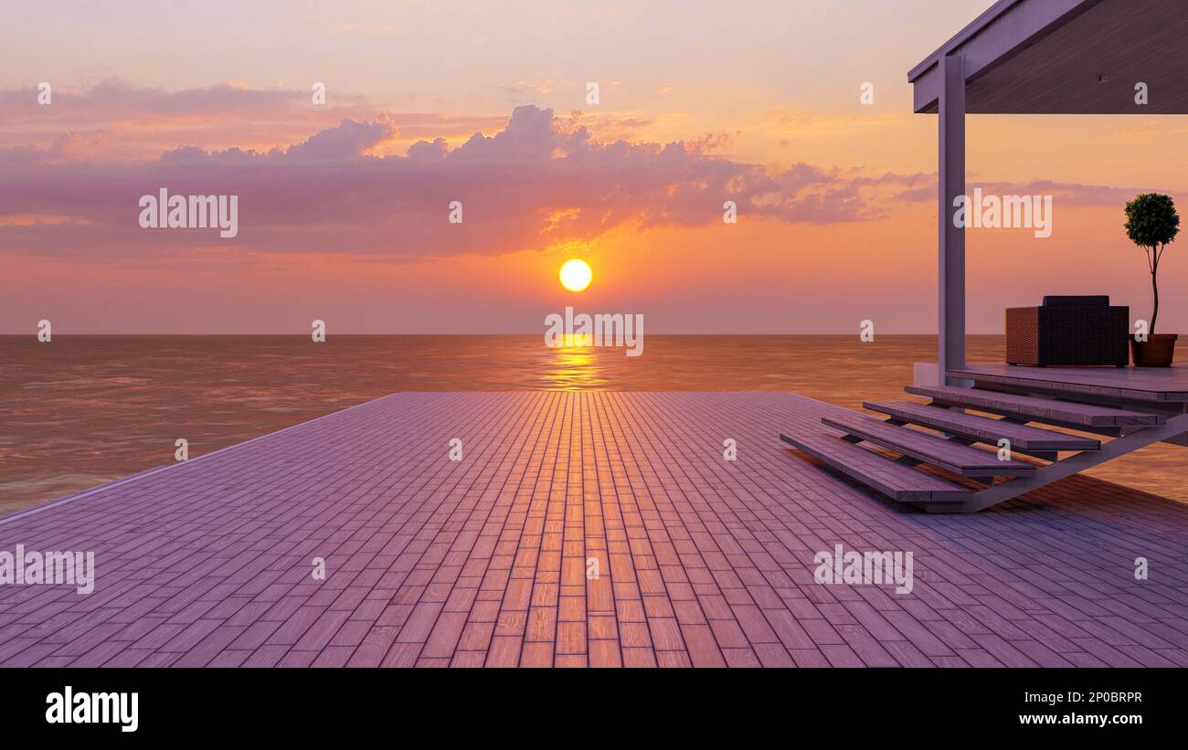Outdoor seaside wooden balcony deck and beautiful sea view on sunset ...