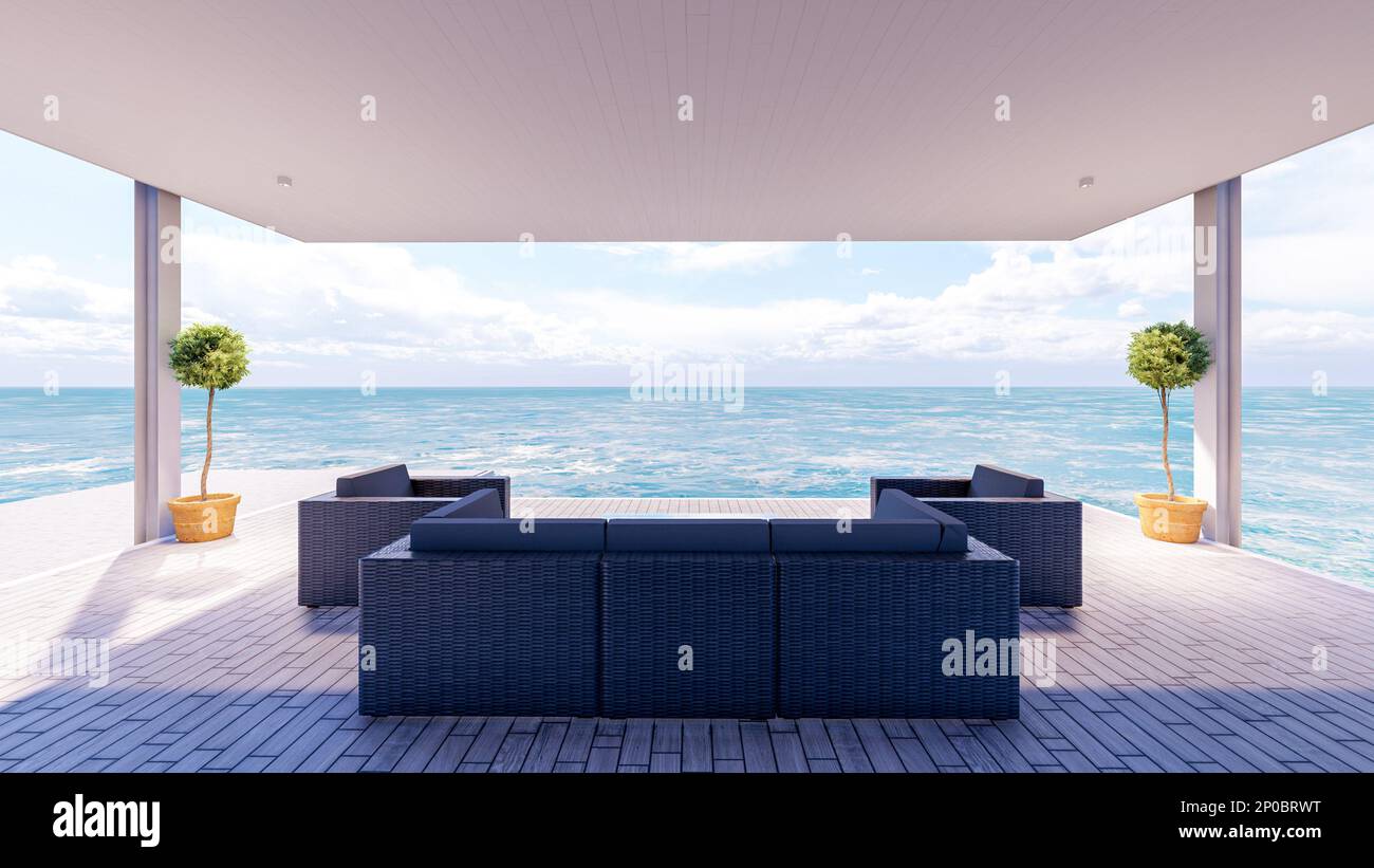 Seaside wooden indoor balcony deck with sofa furniture and beautiful ...