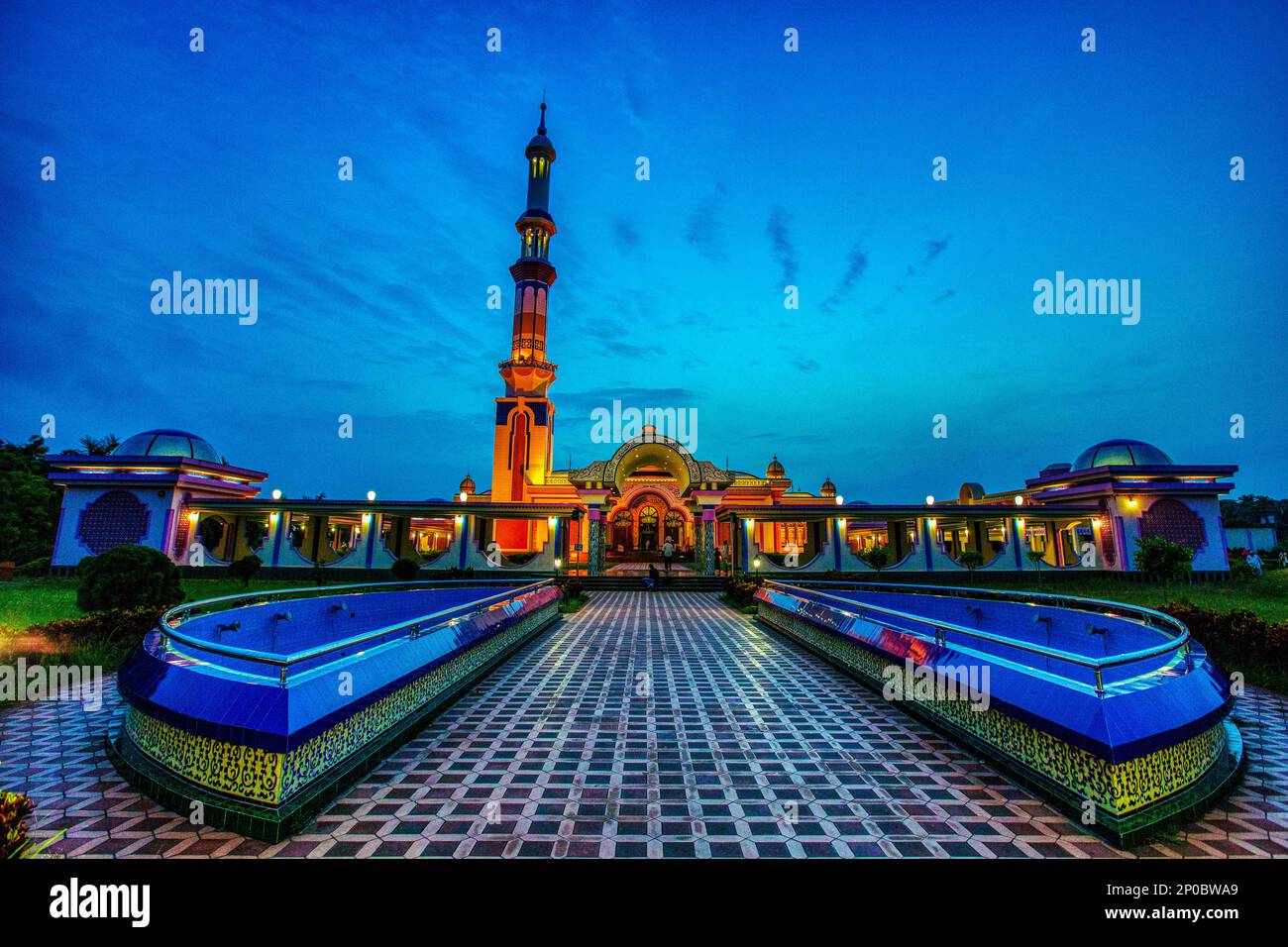 Night view of Baitul Aman Jame Mosque at Guthia in Barisal, Bangladesh ...