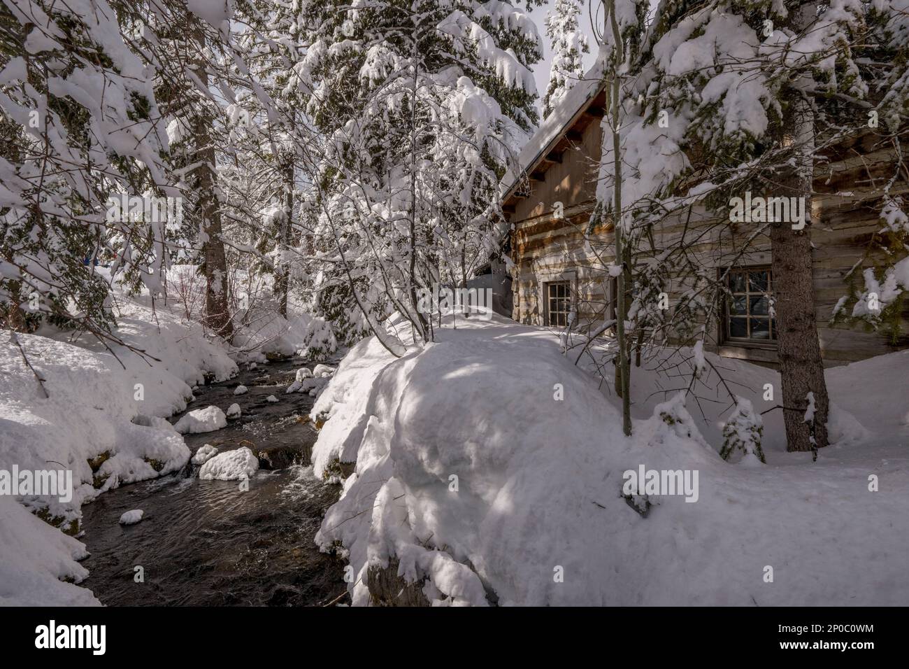 Winterscene with the creek in front of the Owl Bar at Sundance Resort ...