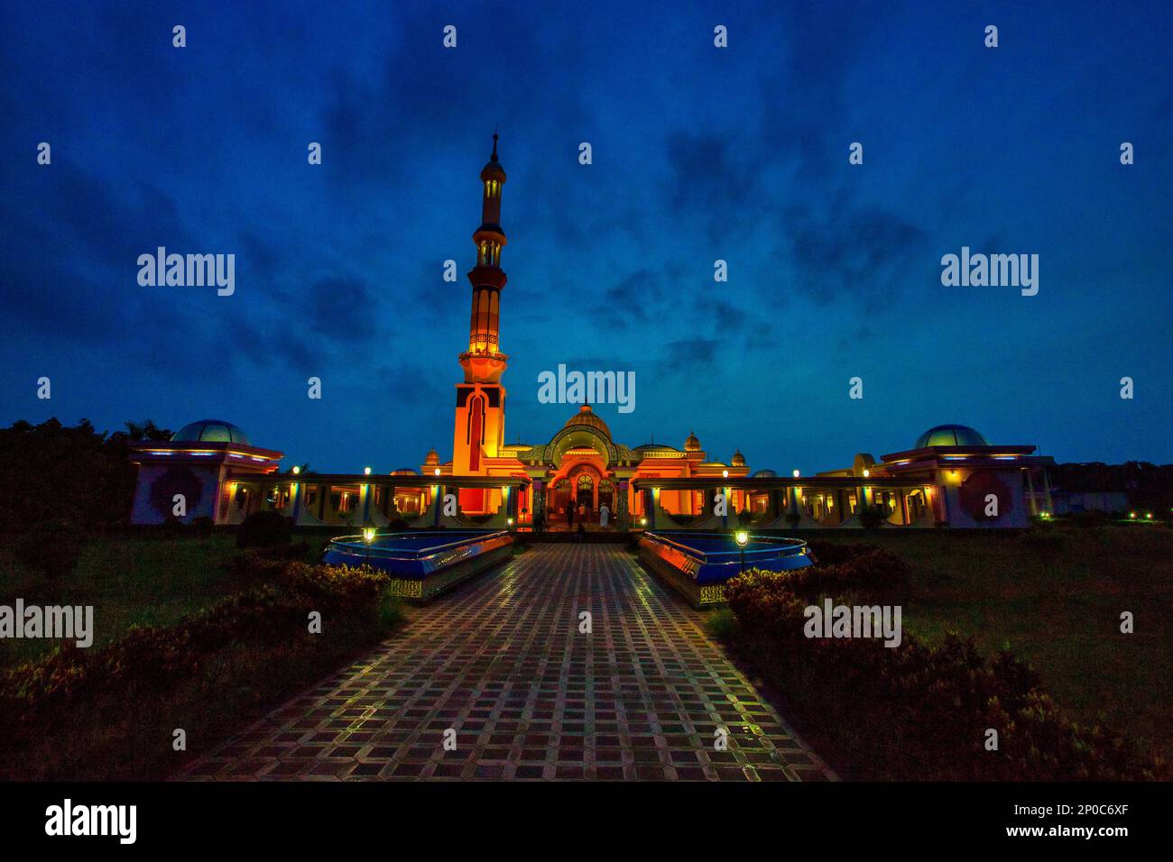 Night view of Baitul Aman Jame Mosque at Guthia in Barisal, Bangladesh ...