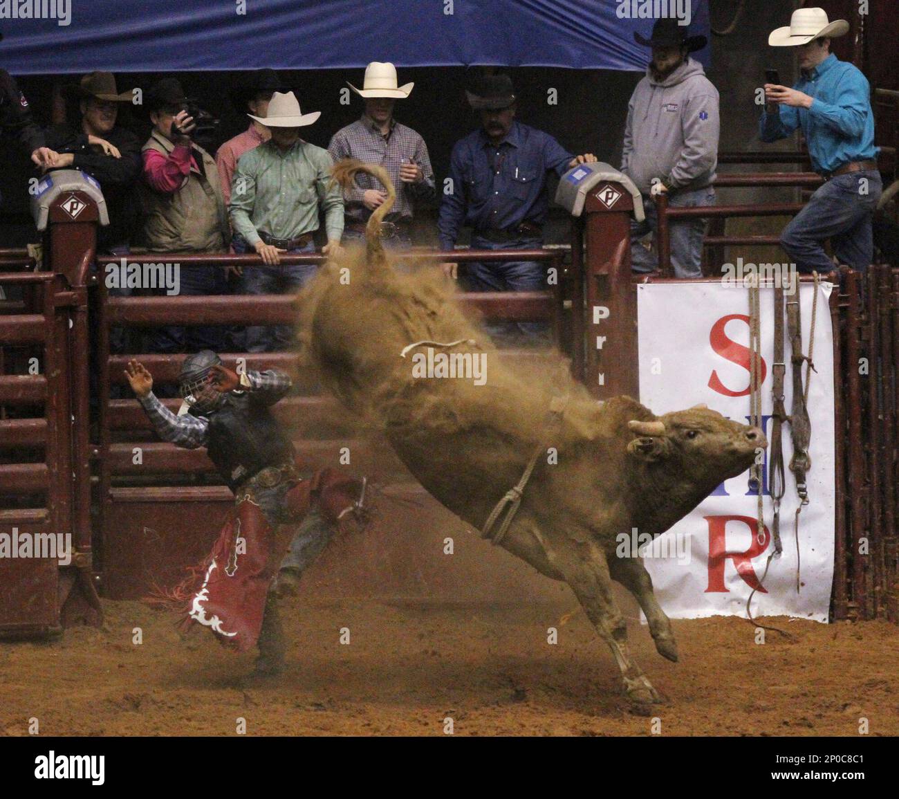 Nolan Steen avoids a kick to the face after falling off the bull while ...