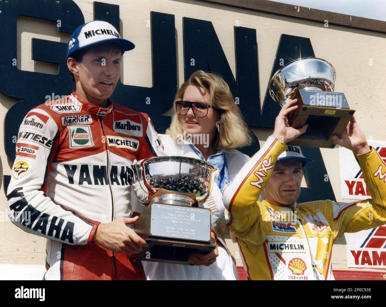 Eddie Lawson, left, and Niall Mackenzie, right, acknowledge the crowd ...