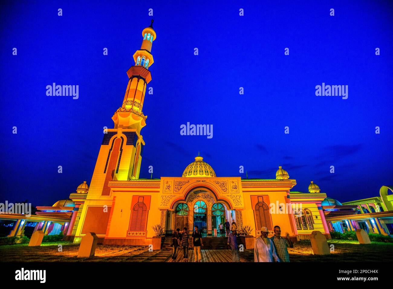 Night view of Baitul Aman Jame Mosque at Guthia in Barisal, Bangladesh ...