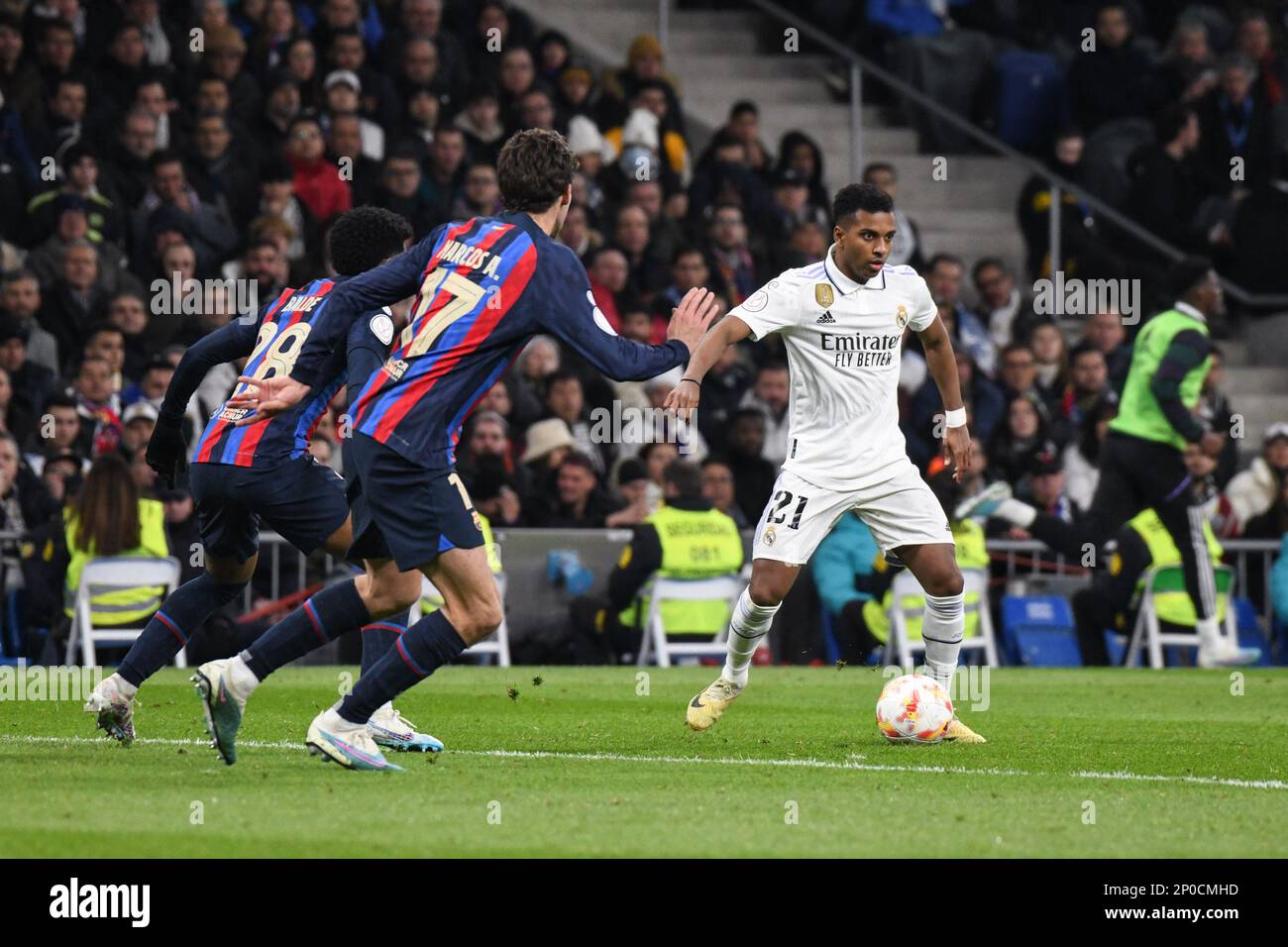 MADRID, SPAIN - MARCH 2: Player of Real Madrid CF Rodrygo drives the ...