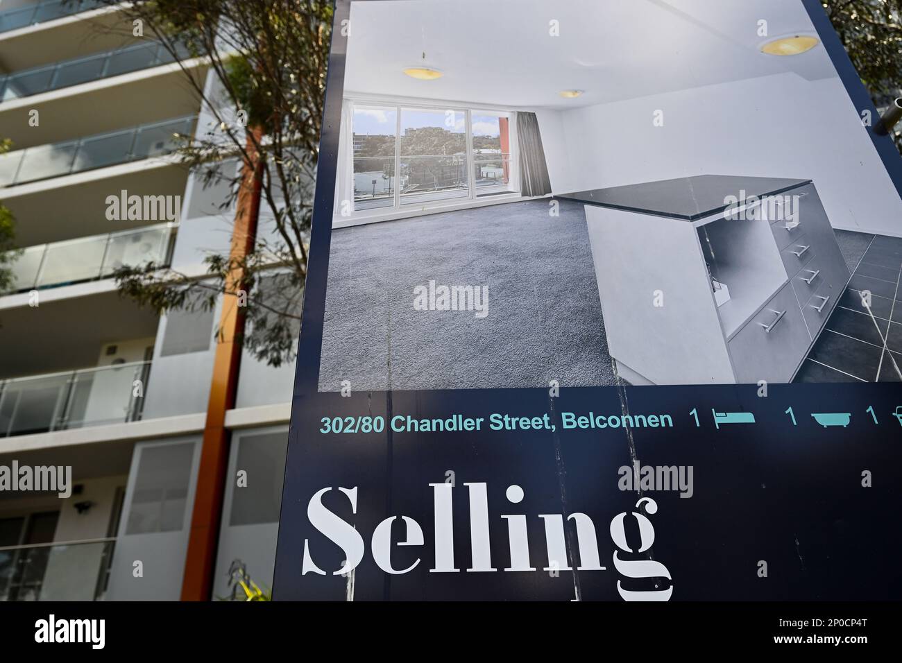 A ‘Selling’ sign is seen outside an apartment block in Canberra, Friday ...