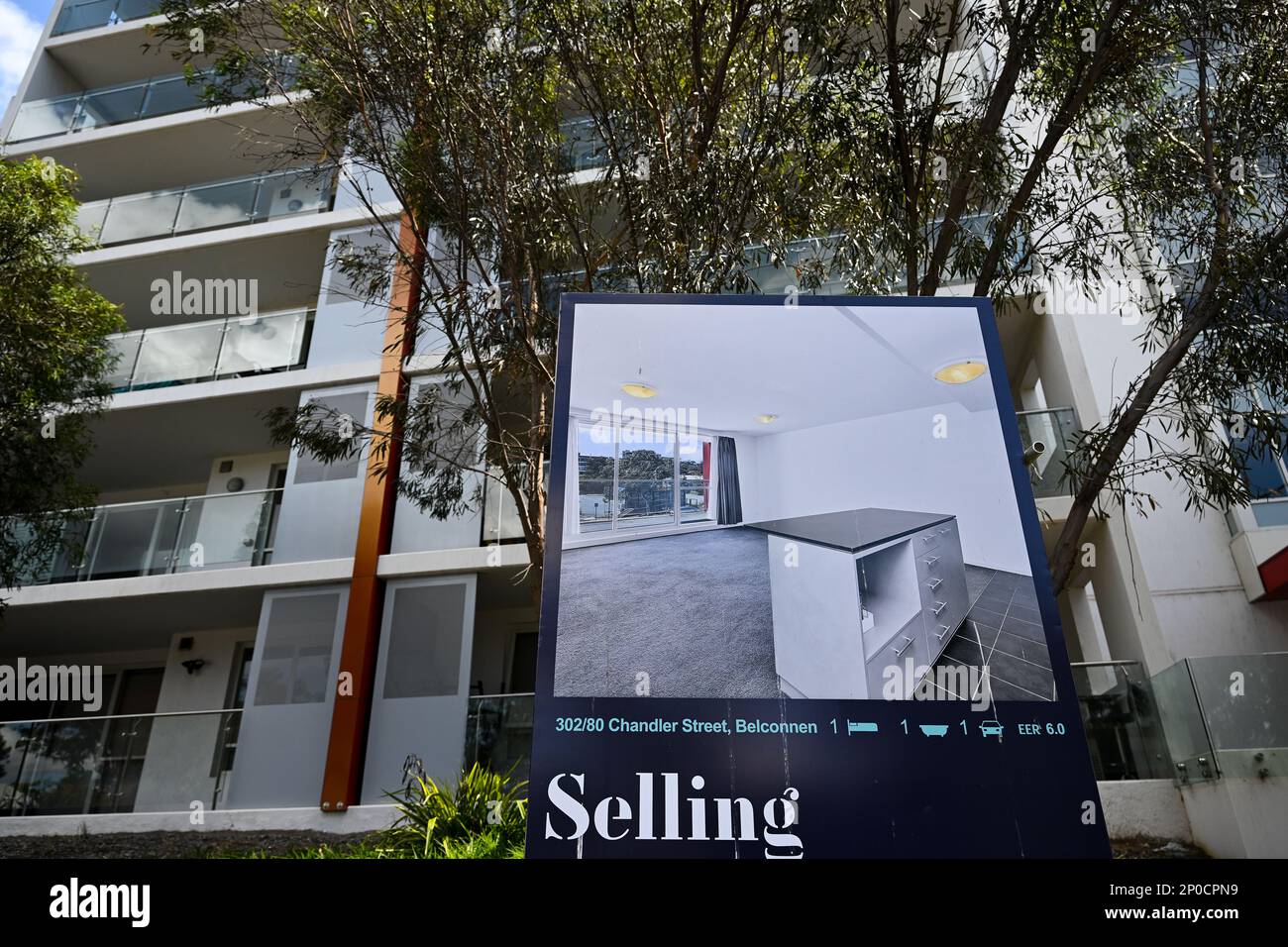 A ‘Selling’ sign is seen outside an apartment block in Canberra, Friday ...