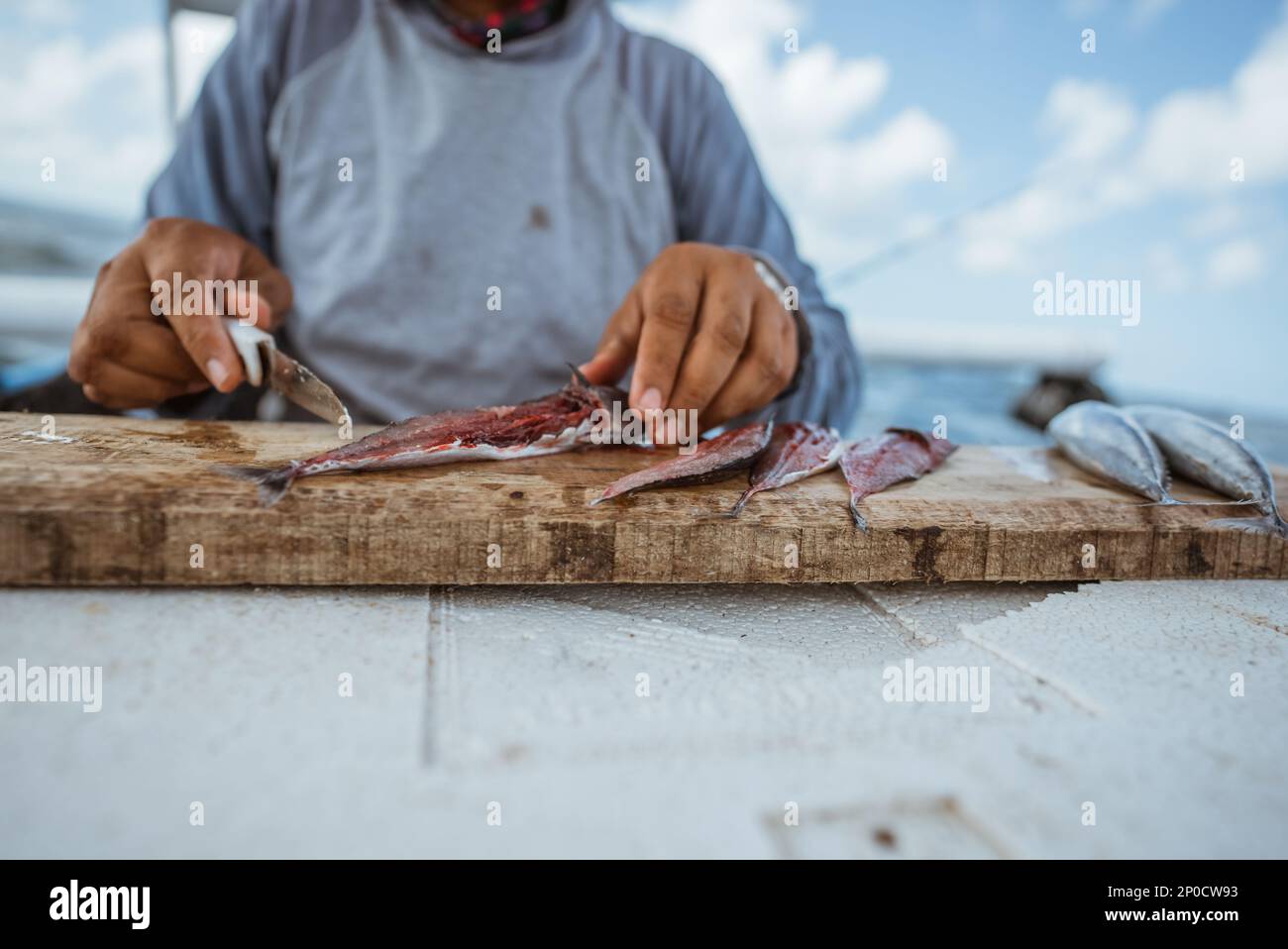 fisherman's hand cuts open a fish with a knife Stock Photo - Alamy