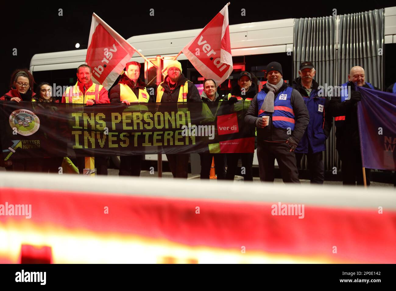Cologne, Germany. 03rd Mar, 2023. Strikers hold a banner at the KVB ...