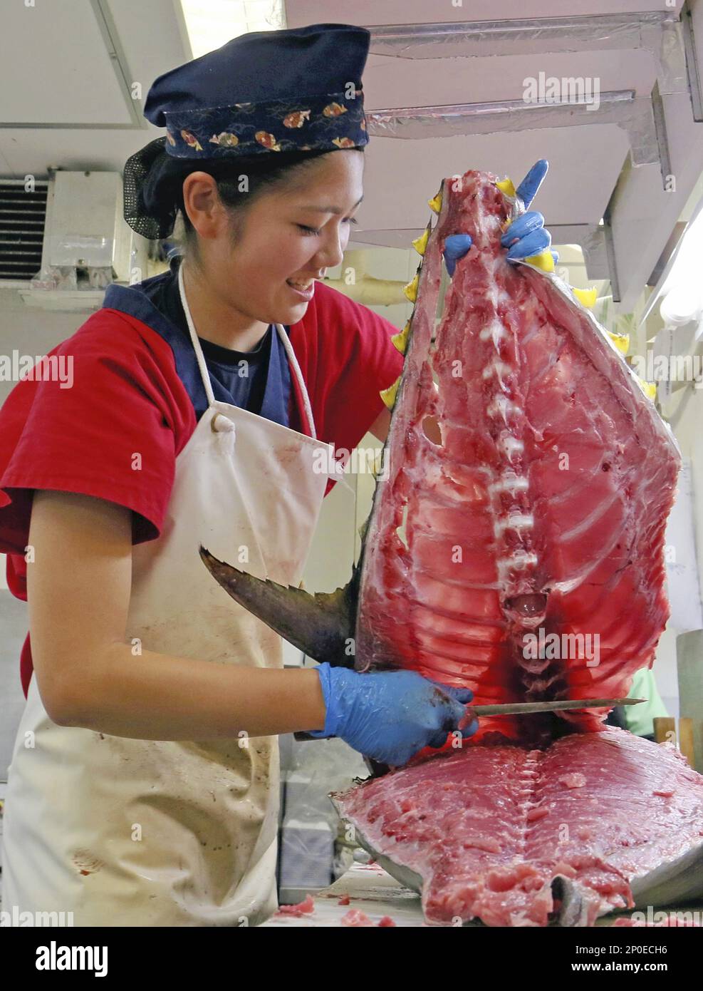 A member of the Fish Girl group cuts the backbone off a huge tuna ...