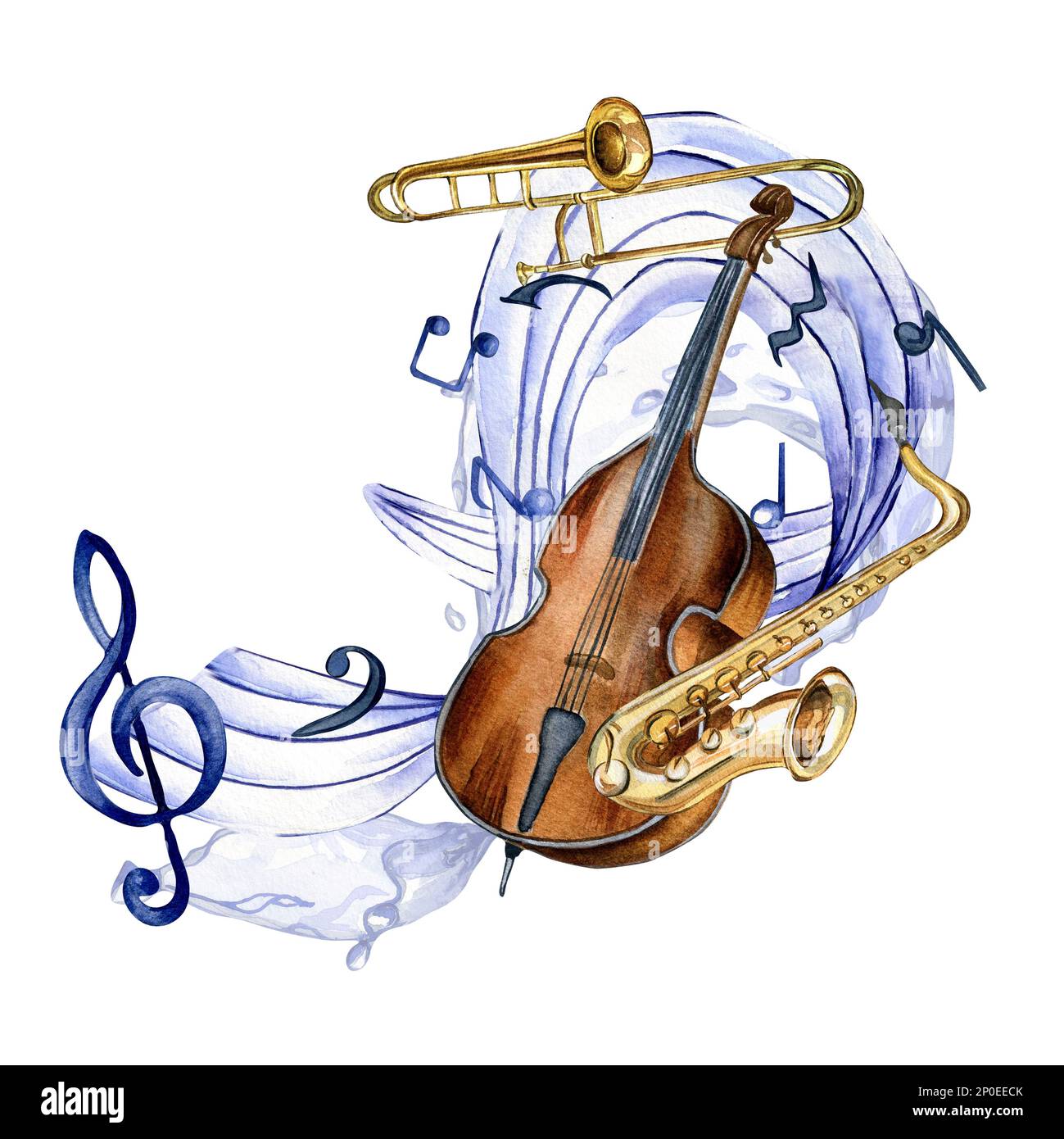 Musical symbols and contrabass watercolor illustration on white. Double ...