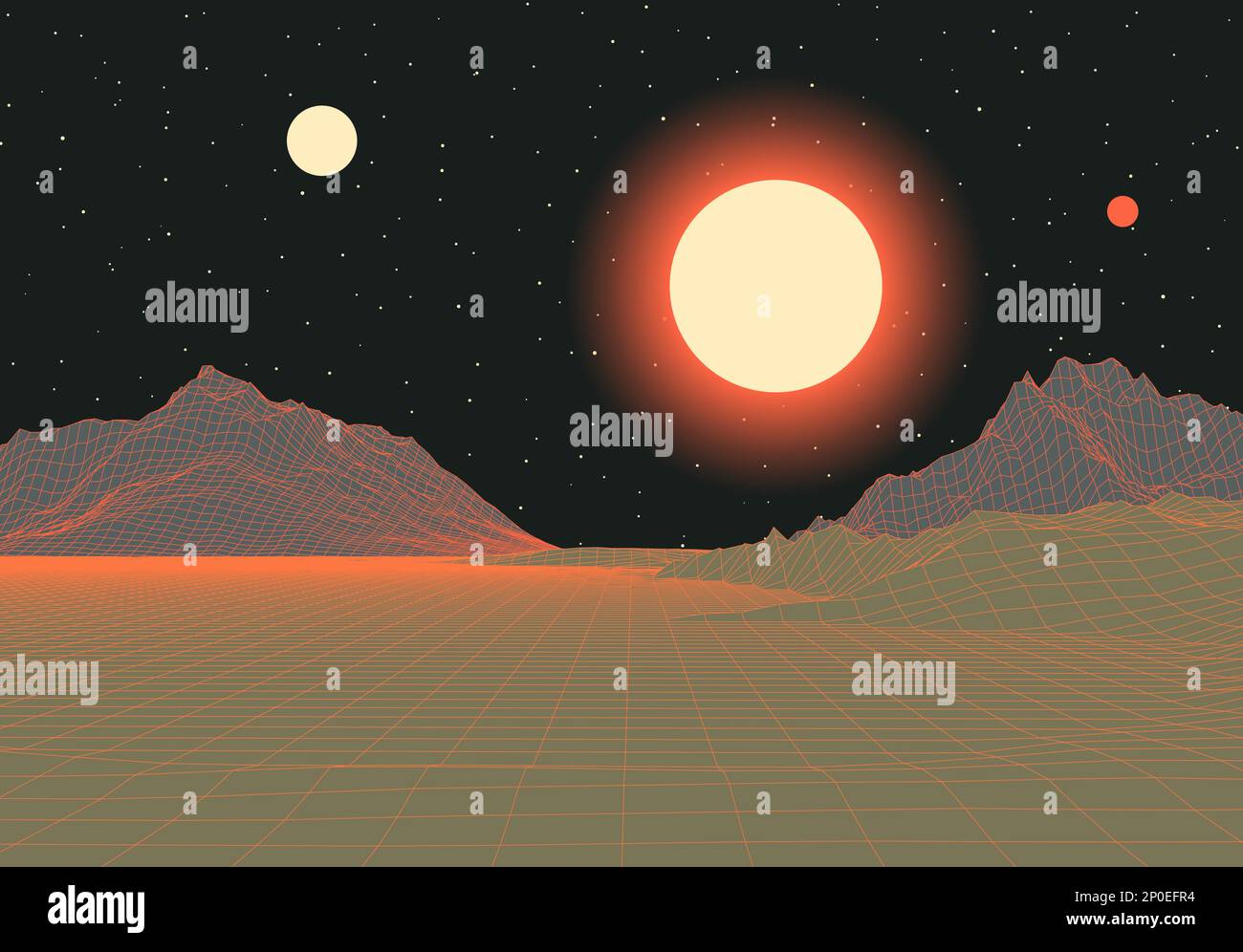 Retro futuristic landscape with mountains and sun in deep space. 80s ...