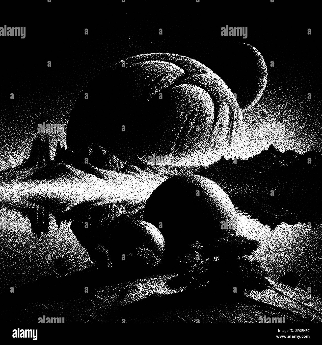 Alien planet landscape in retro dotwork style. Planets and satellites ...