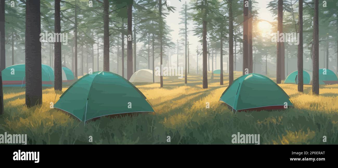 Tourist summer camping with tents vector illustration banner. Camping ...