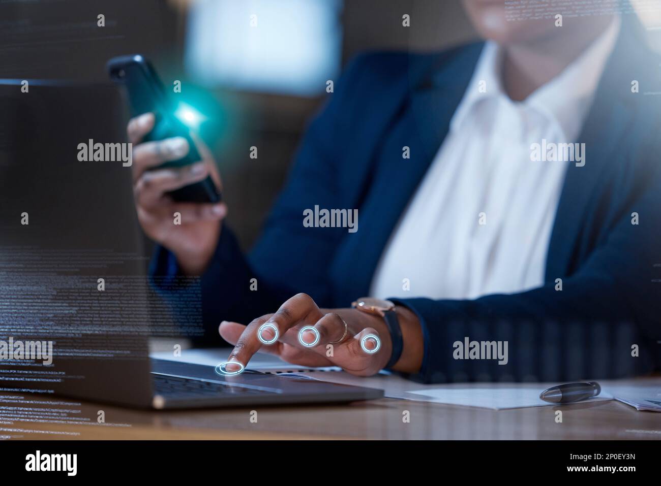 Fingerprint, computer hologram and hands of woman typing on biometric software, cybersecurity or ...