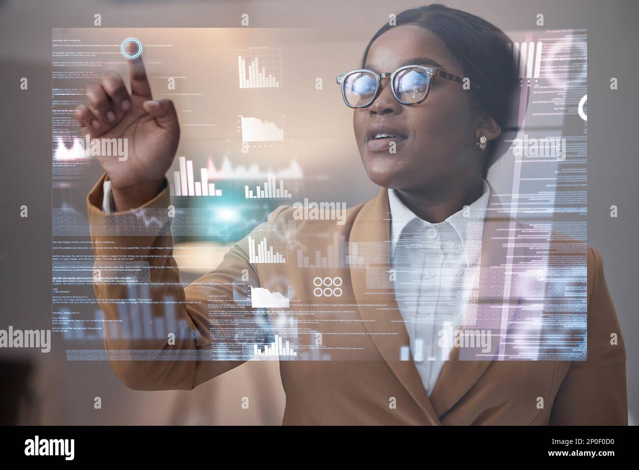 Futuristic, hologram and black woman with charts, typing or data analytics for communication ...
