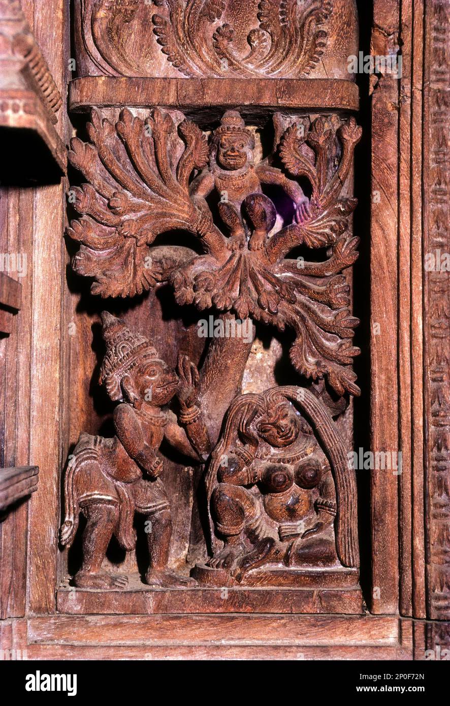 Hanuman in Ashokavanam, Ramayana epic in wooden carvings at Sree Dharma ...