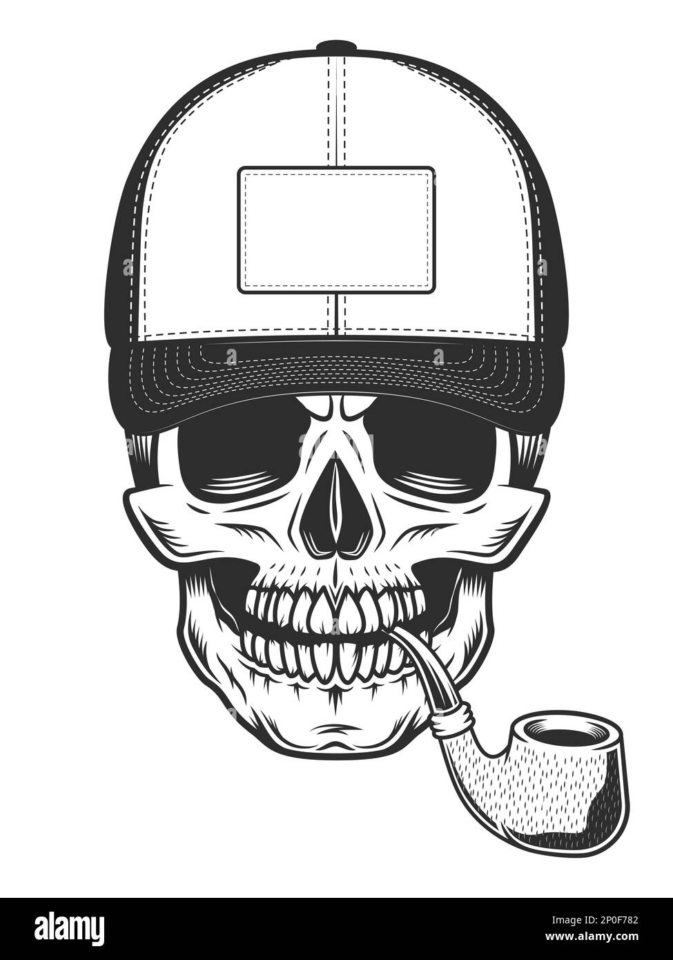 Skull smoking pipe in baseball cap in vintage monochrome style isolated ...