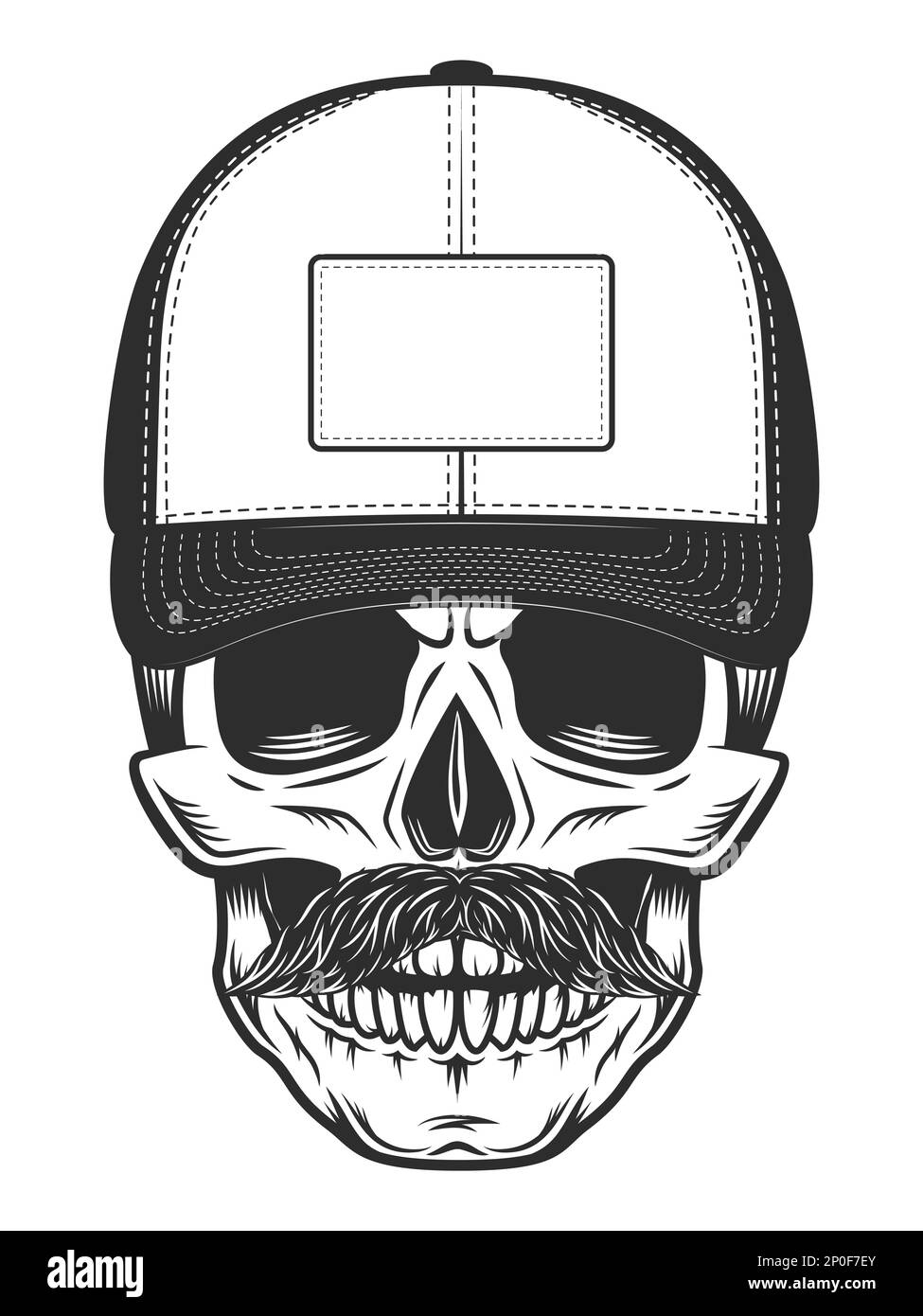 Skull in baseball cap with mustache vintage monochrome isolated vector ...