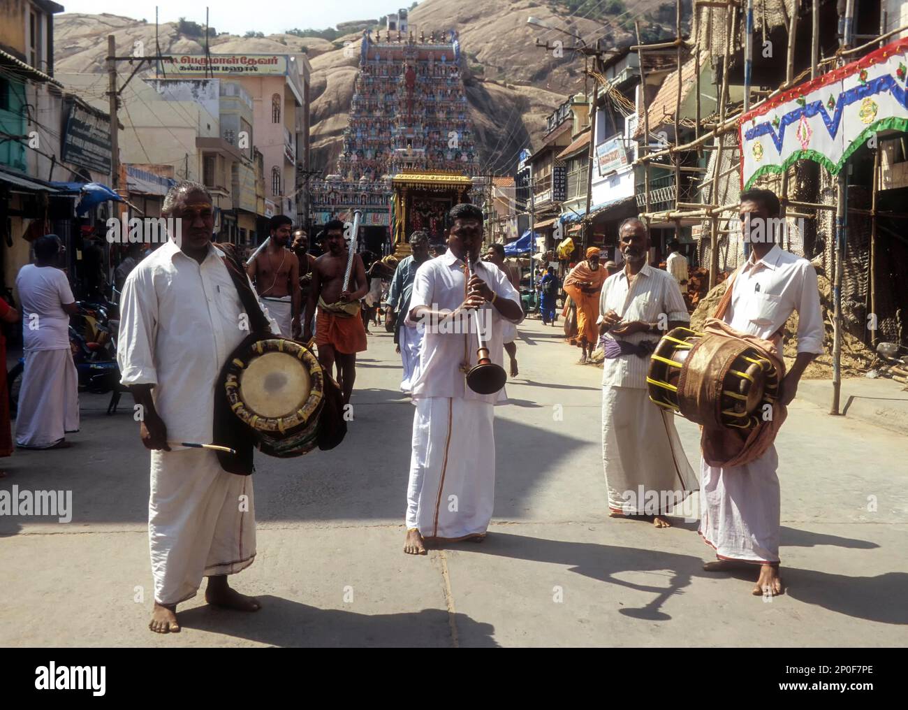 Temple musicians playing nadeswaram and thavil in front of Subramanya ...