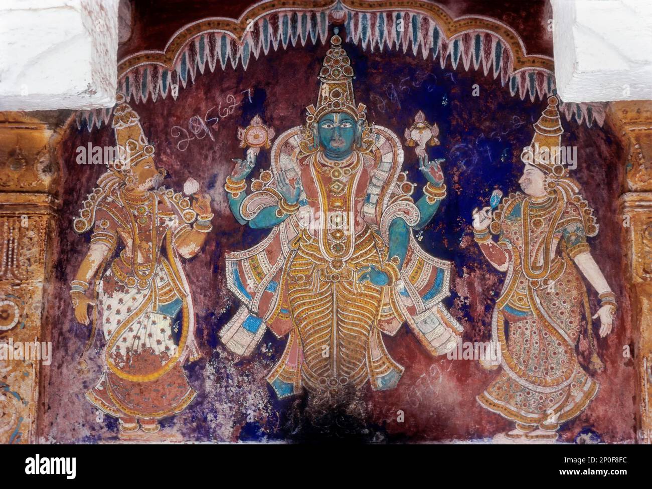 Lord Vishnu with his consorts, 16th Century wall fresco murals in ...