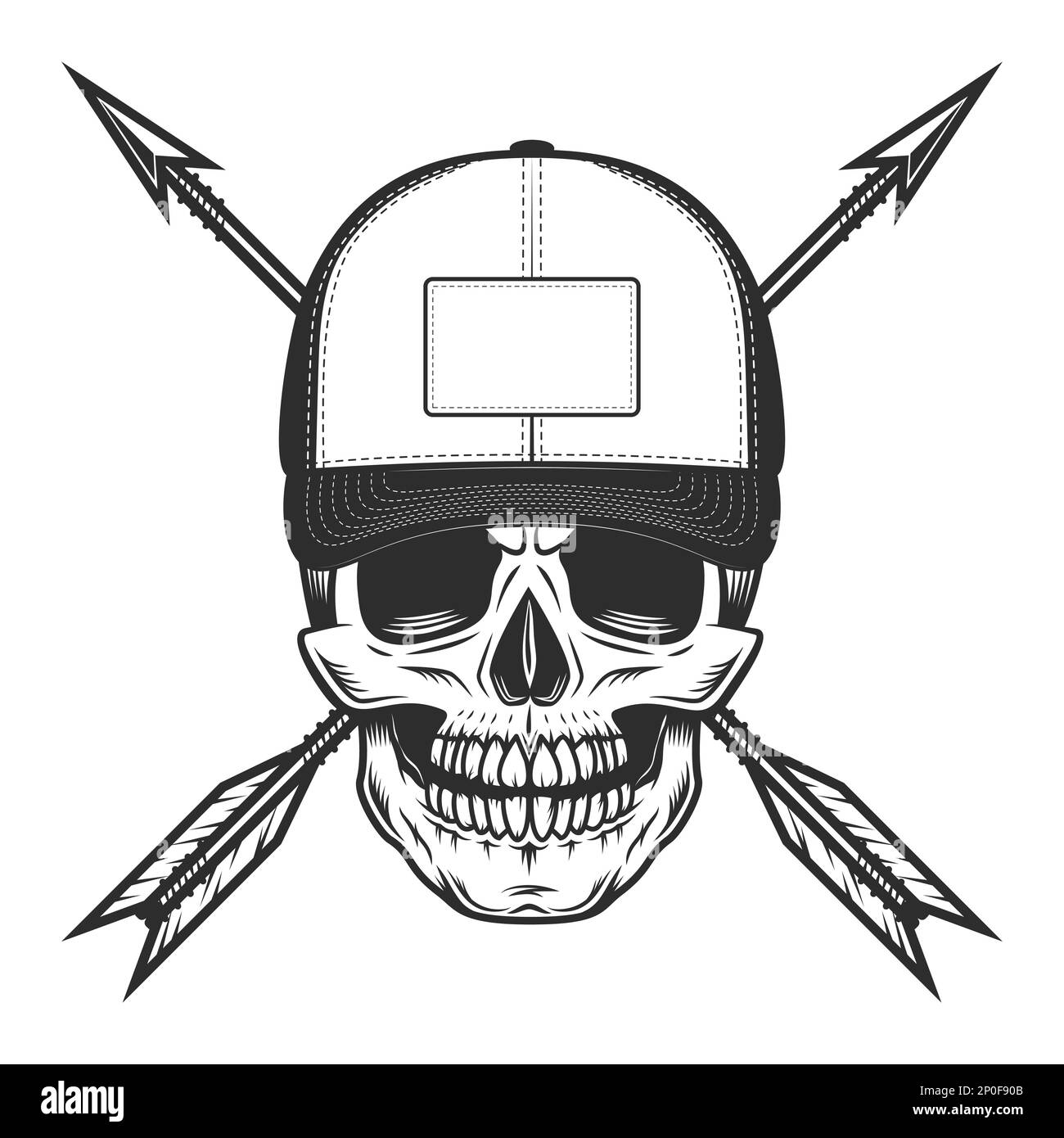 Skull in baseball cap with arrow with arrowhead vintage vector ...
