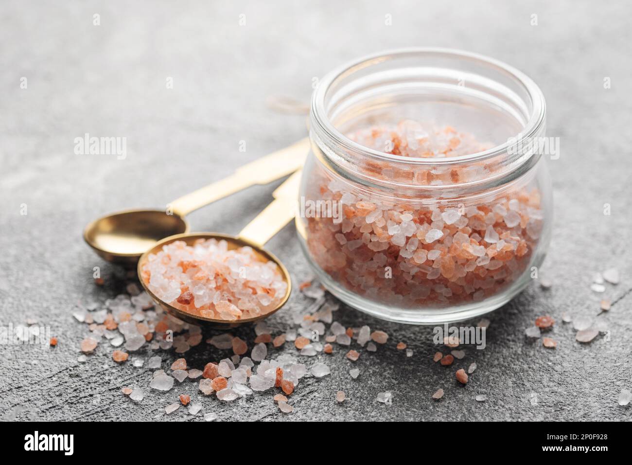 Jar of himalayan pink salt . Healthy food concept. Speciality salt ...